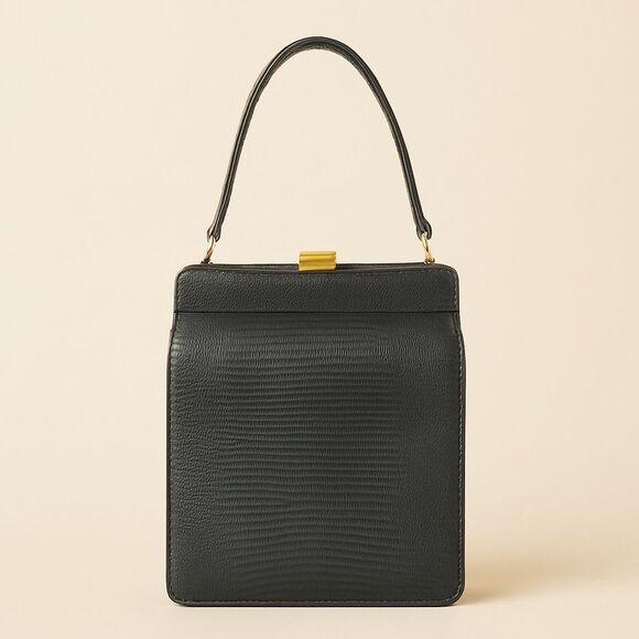 Vintage | Bags | Vintage Black Lizard Embossed Leather Top Handle Frame ...